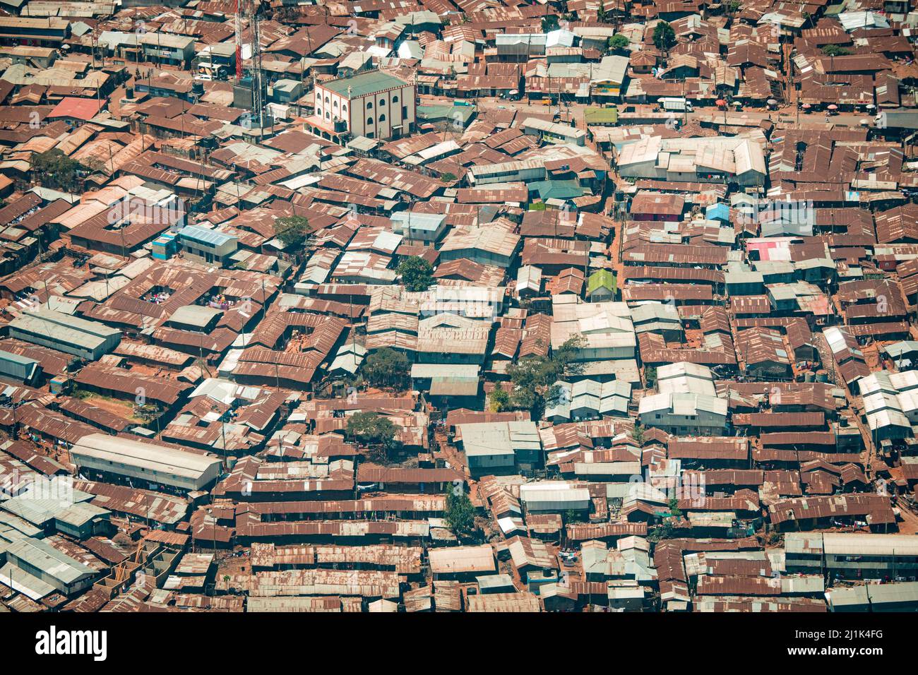 Aerial view of corrugated iron huts at the Nairobi downtown Kibera slum ...