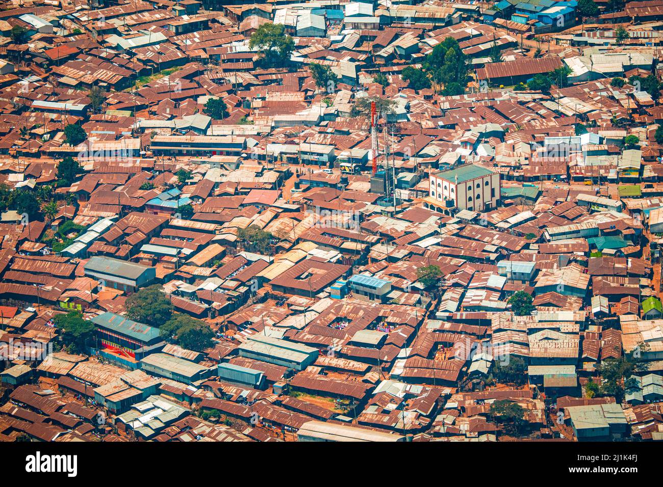 Aerial view of corrugated iron huts at the Nairobi downtown Kibera slum ...