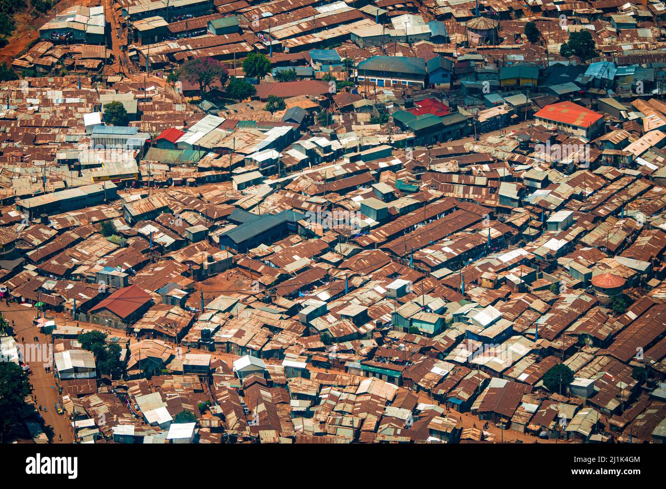 Aerial view of corrugated iron huts at the Nairobi downtown Kibera slum ...
