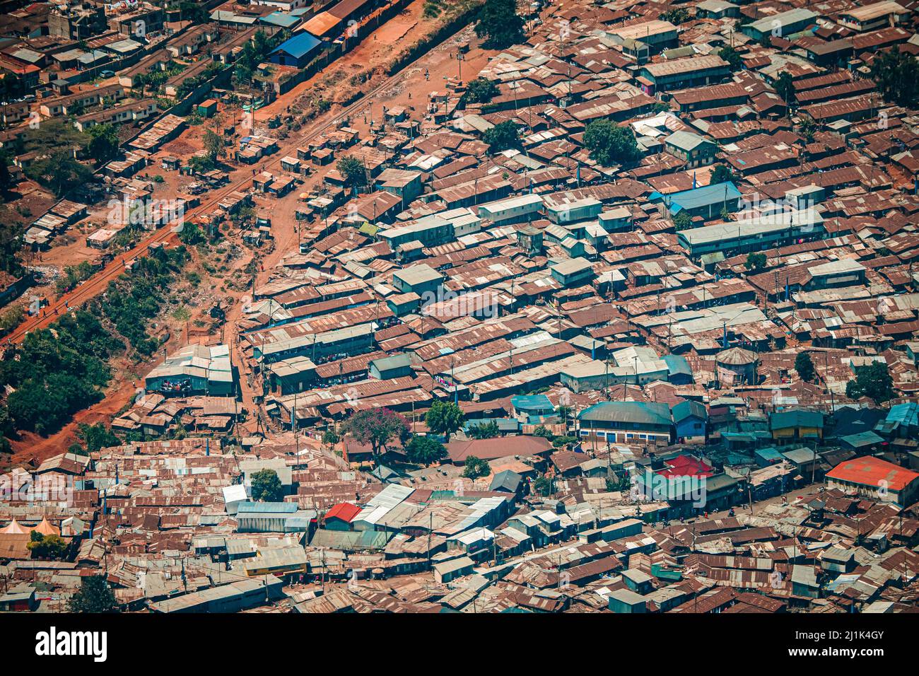 Aerial view of corrugated iron huts at the Nairobi downtown Kibera slum ...