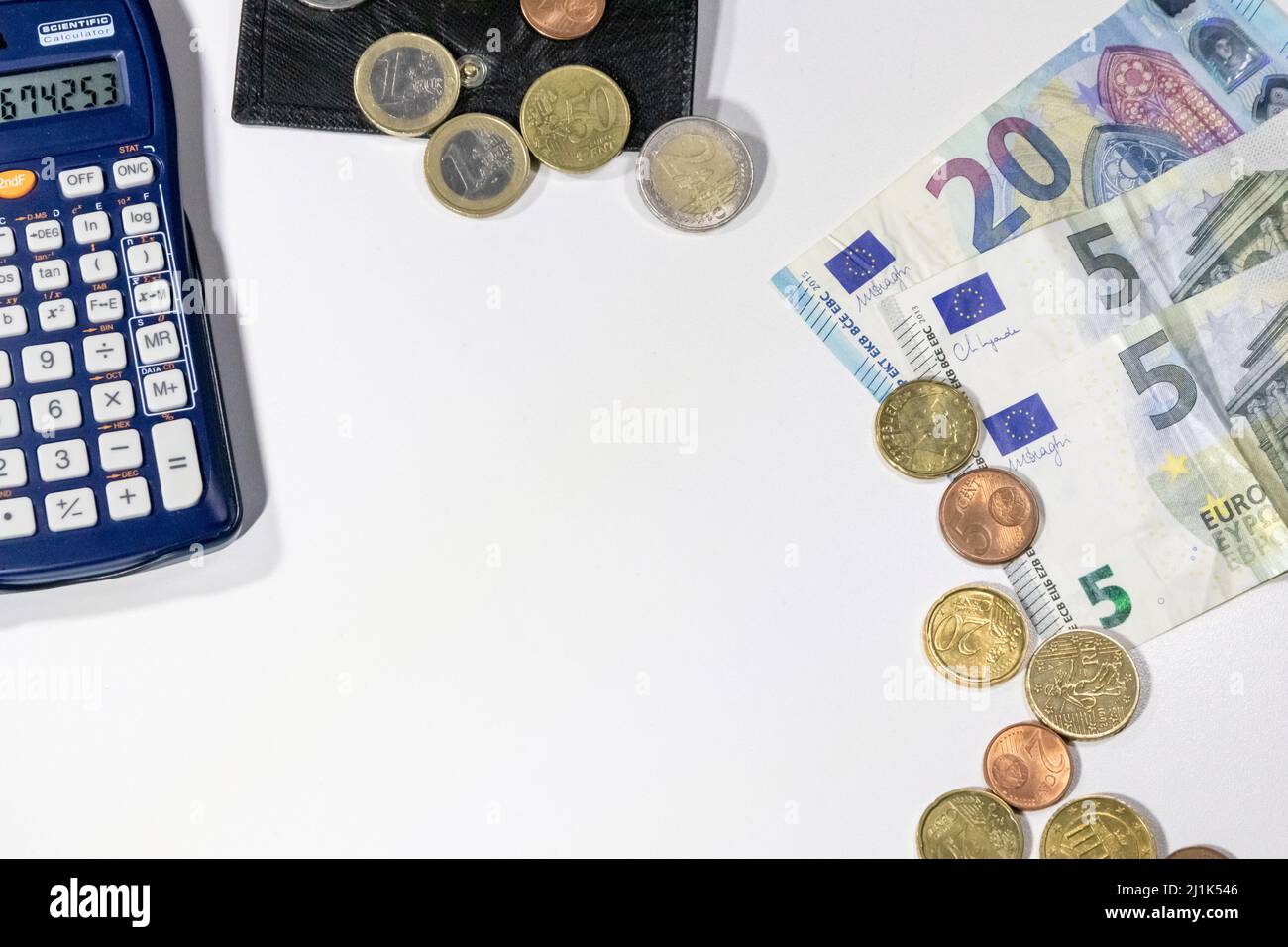 European money with black wallet on white desk as white background with ...