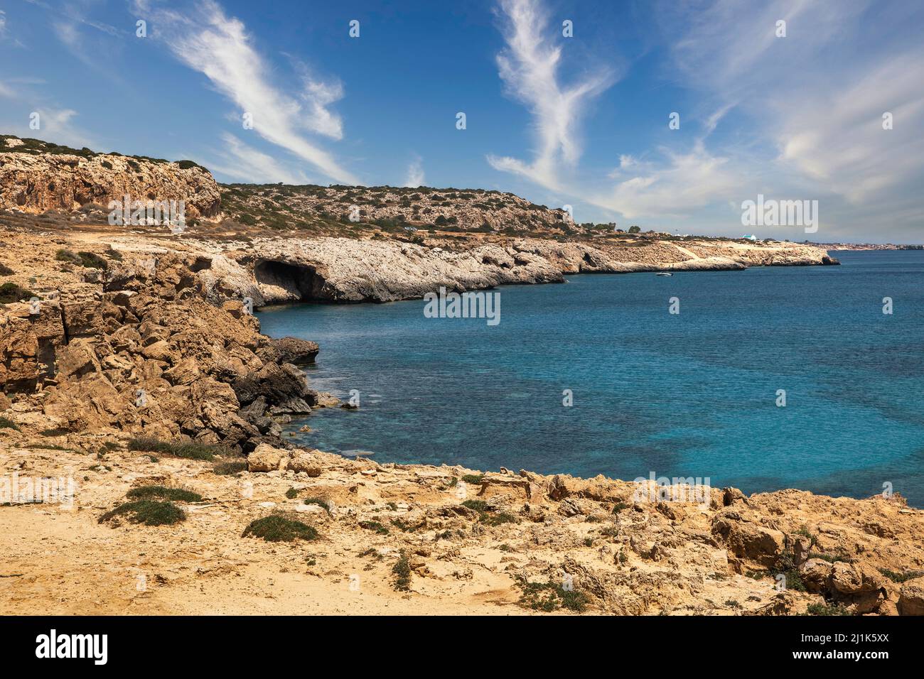 Seascape Cape Greco peninsula park, Cyprus. It is mountainous peninsula ...