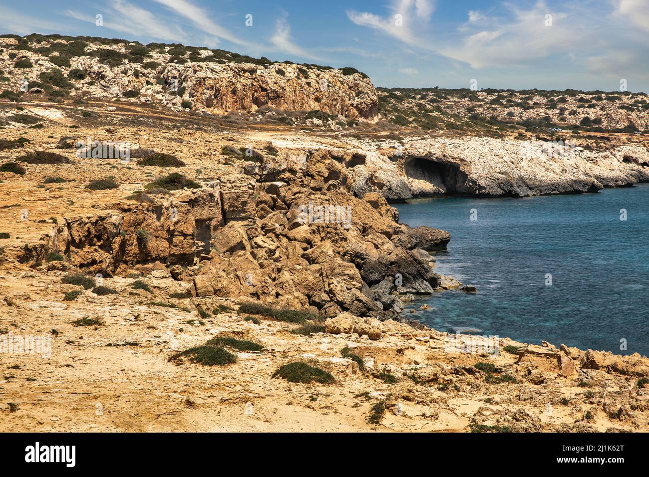 Seascape Cape Greco peninsula park, Cyprus. It is mountainous peninsula ...