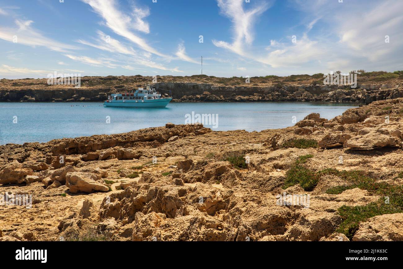 Seascape Cape Greco peninsula park, Cyprus. It is mountainous peninsula ...