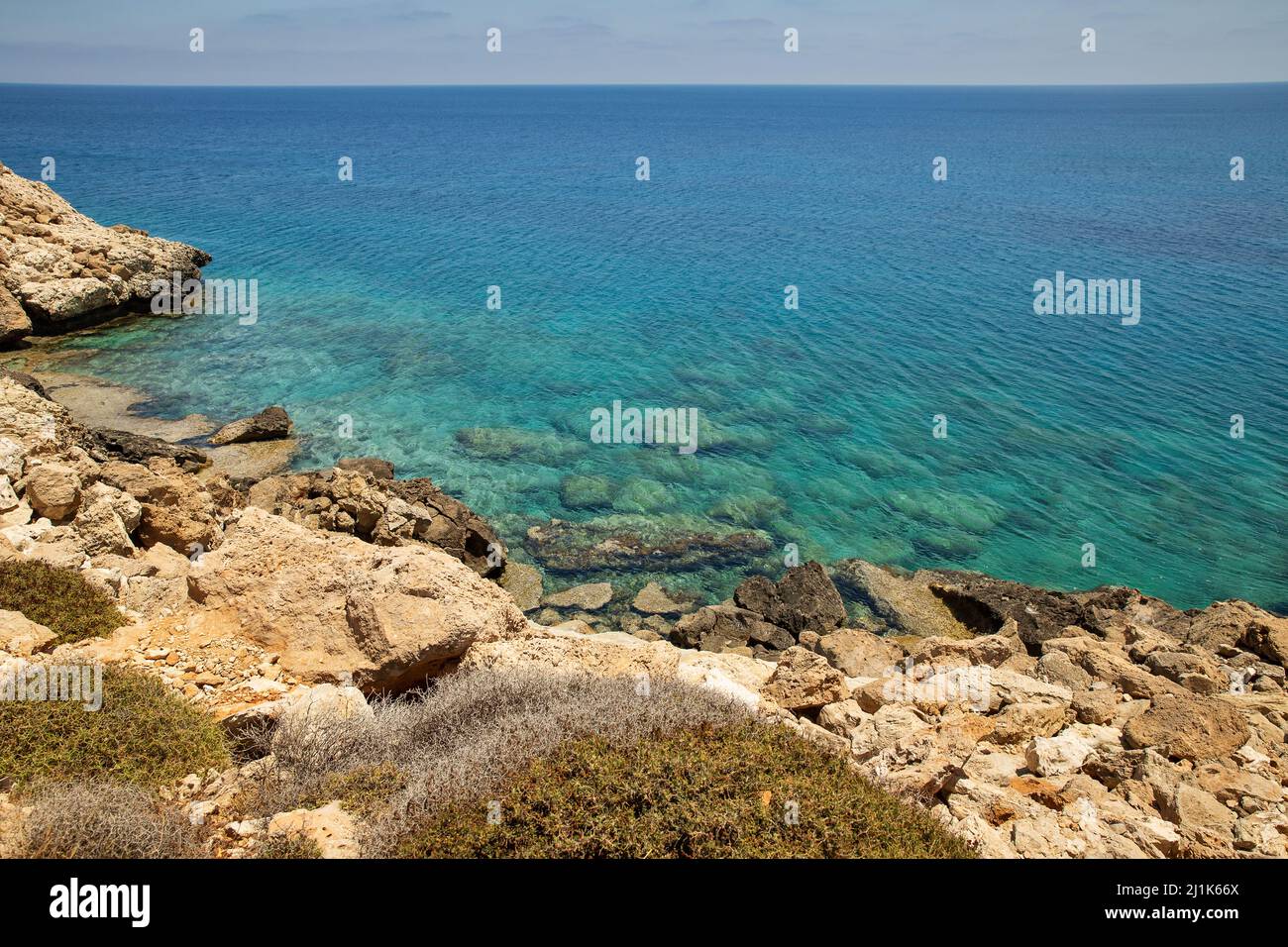 Seascape Cape Greco peninsula park, Cyprus. It is mountainous peninsula ...