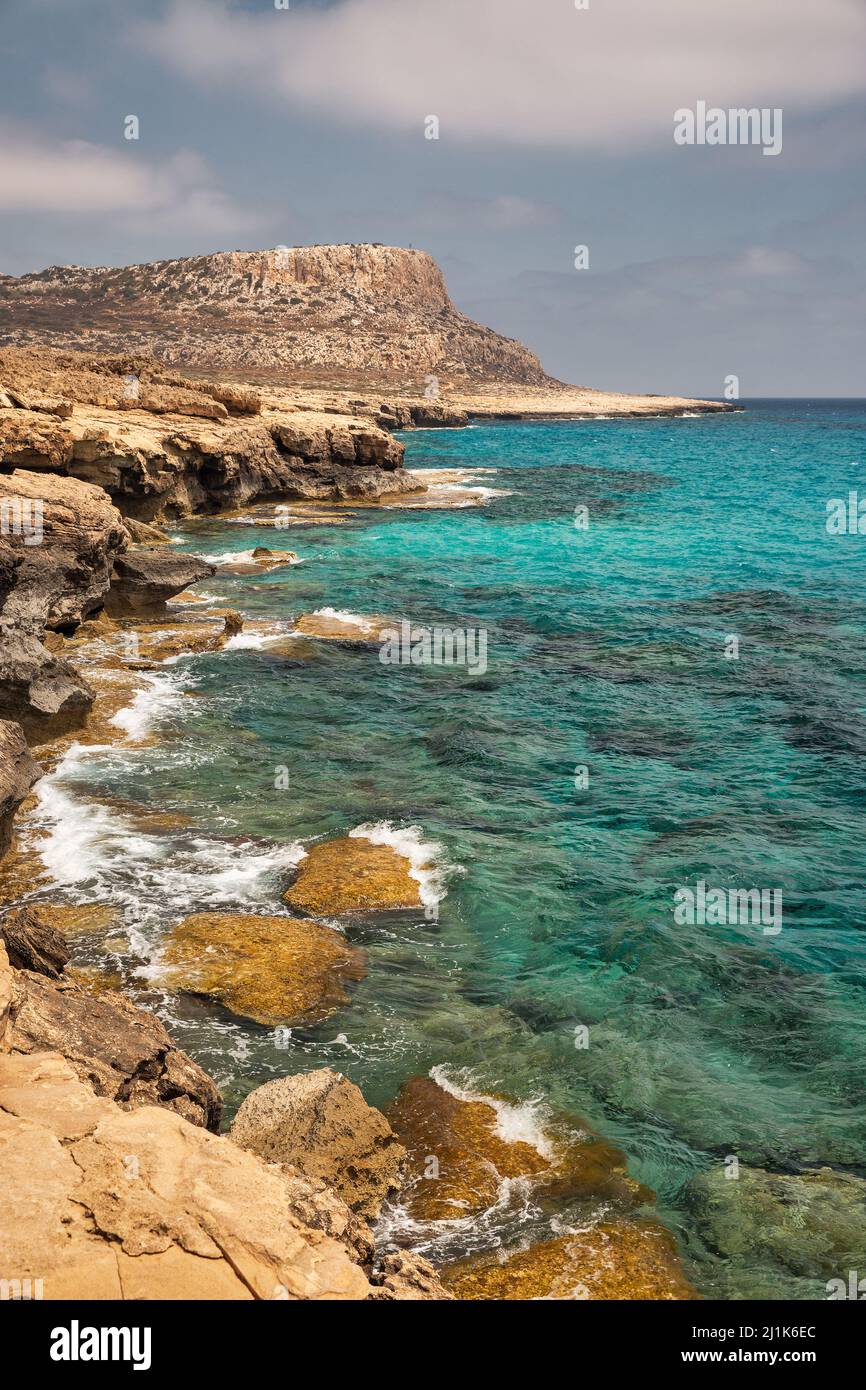 Seascape Cape Greco peninsula park, Cyprus. It is mountainous peninsula ...