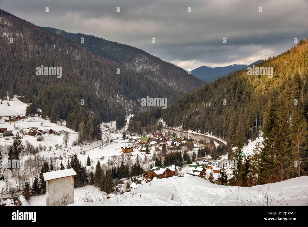 Aerial landscape of winter resort Vorochta in Carpathian Mountains ...