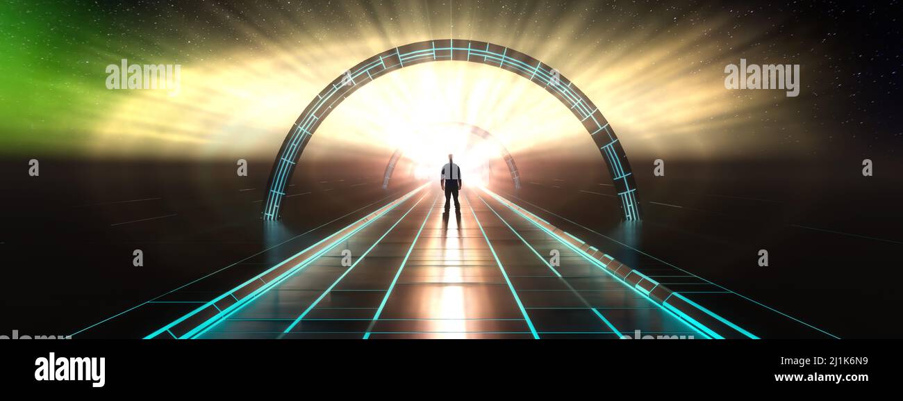 Dark abstract Sci Fi path with glowing background and man standing ...