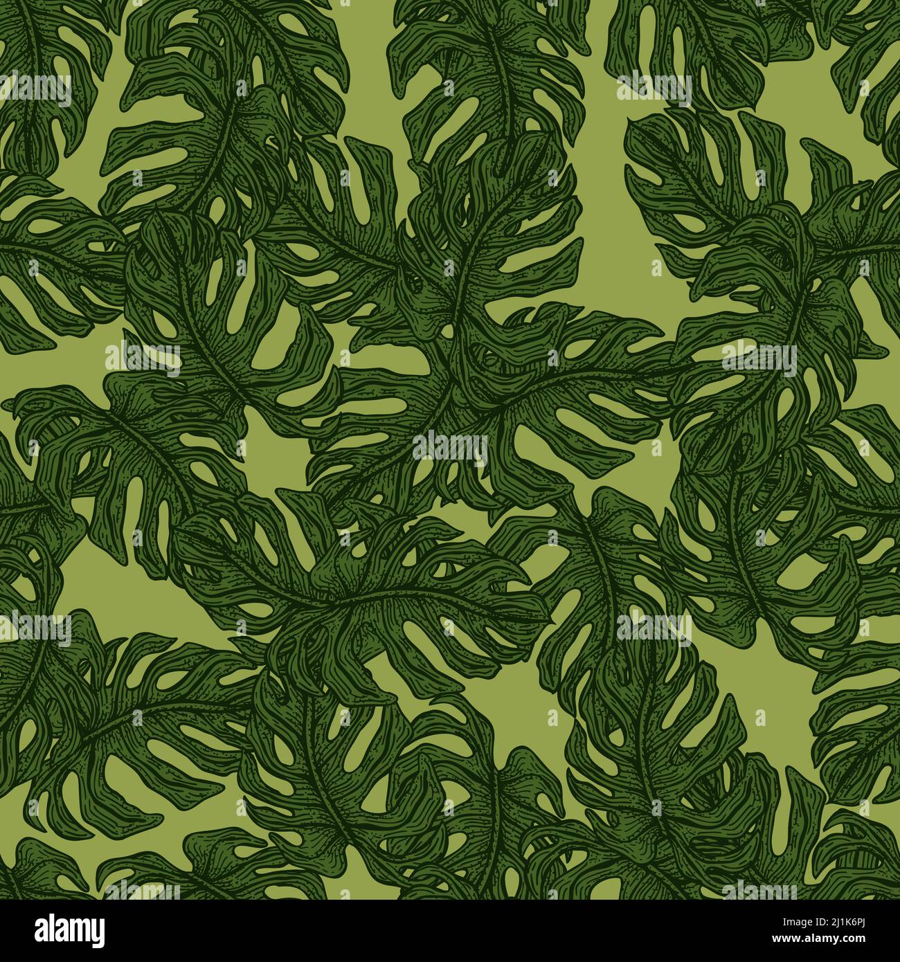 Monstera leaf seamless pattern.Vintage tropical branch in engraving ...