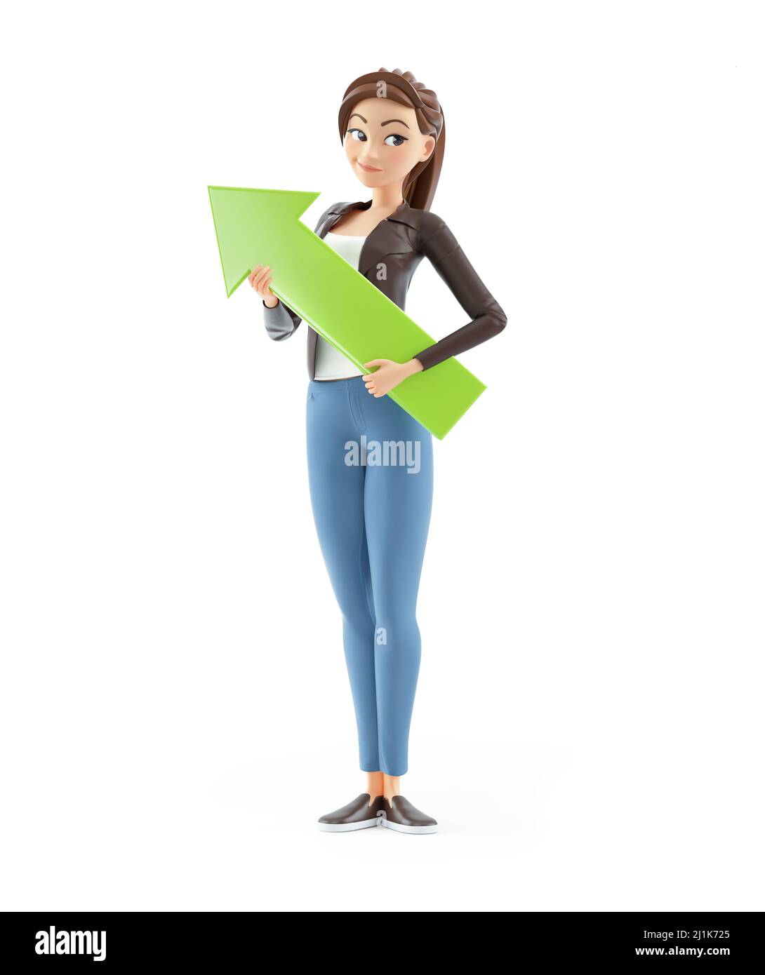 3d cartoon woman holding green arrow up, illustration isolated on white ...