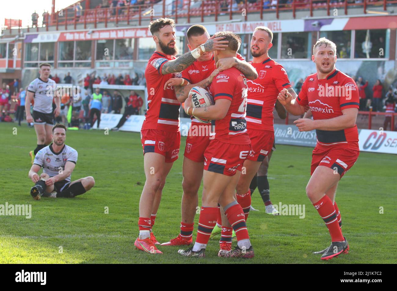 Mikey Lewis #20 of Hull KR celebrates his try Stock Photo - Alamy