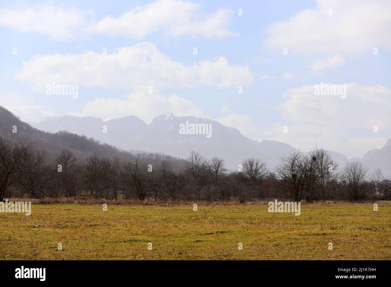 A beautiful dry yellow field with mountain silhouettes Stock Photo - Alamy