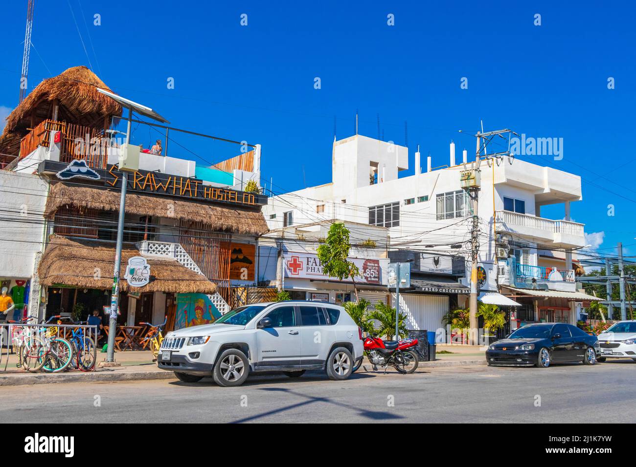 Tulum Mexico 02. February 2022 Driving thru typical colorful street ...