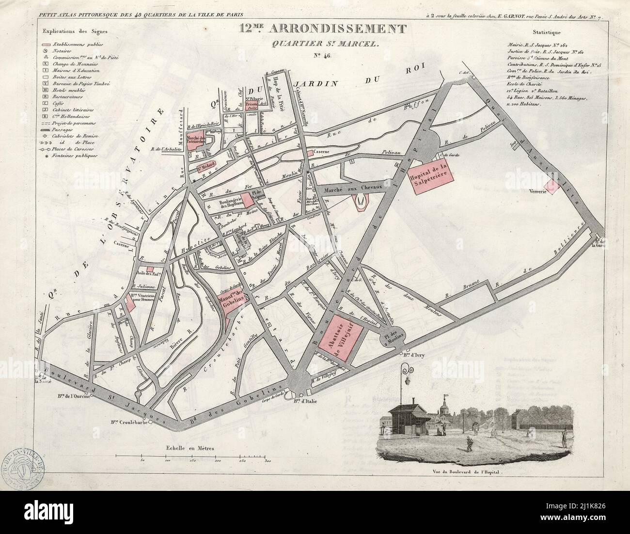 Vintage map of Parisian quarters from 19th century. Petit atlas is ...