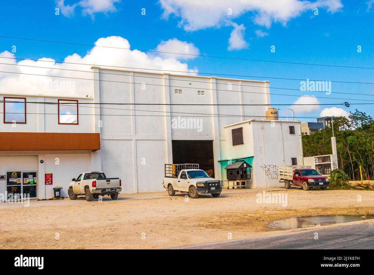 Tulum Mexico 02. February 2022 Driving thru typical colorful street ...