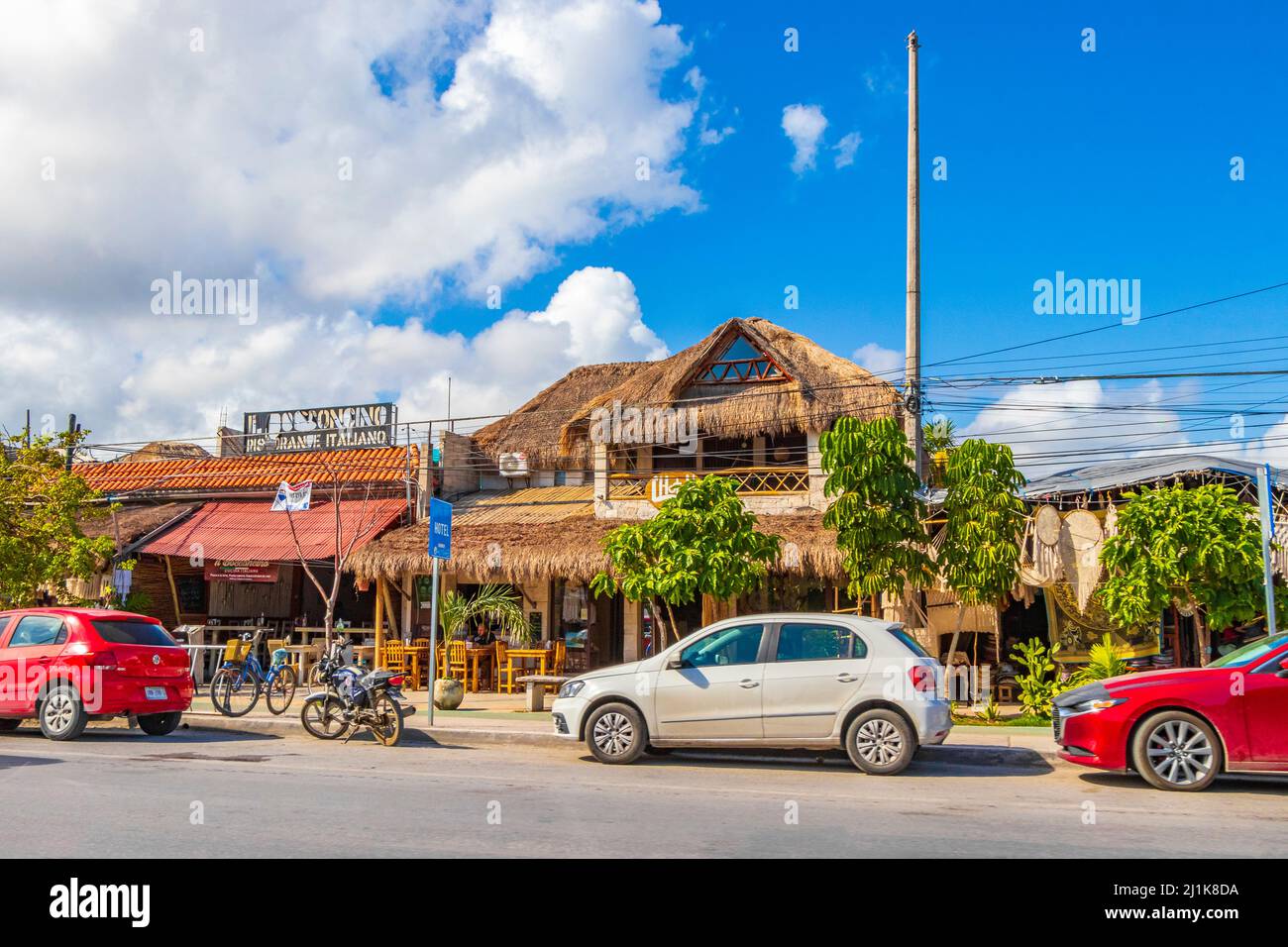 Tulum Mexico 02. February 2022 Driving thru typical colorful street ...