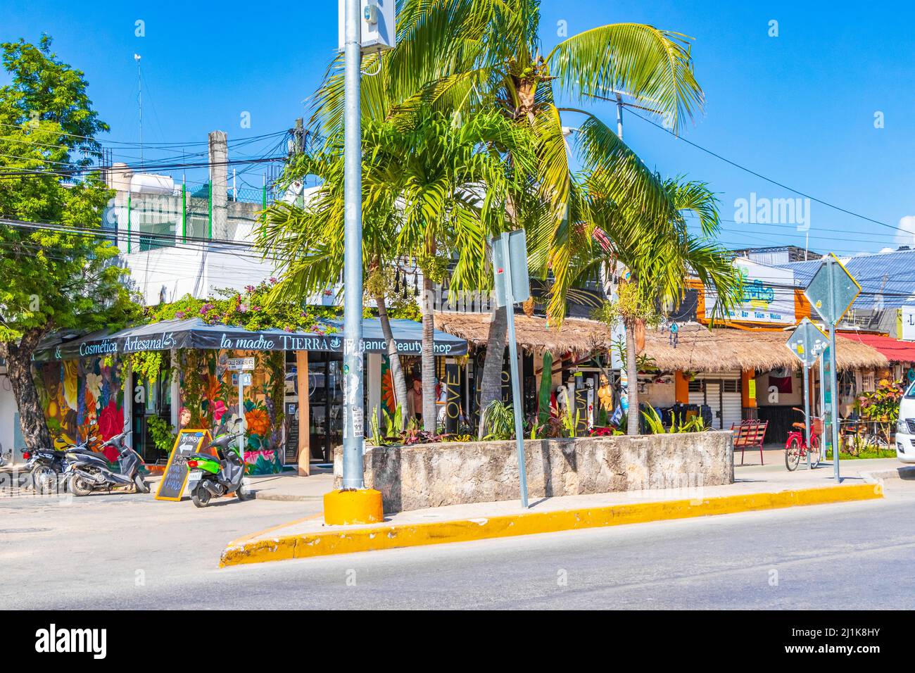 Tulum Mexico 02. February 2022 Driving thru typical colorful street ...