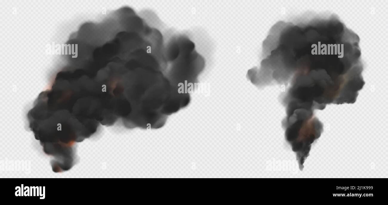 Black smoke or steam trails set, factory or plant industrial smog ...