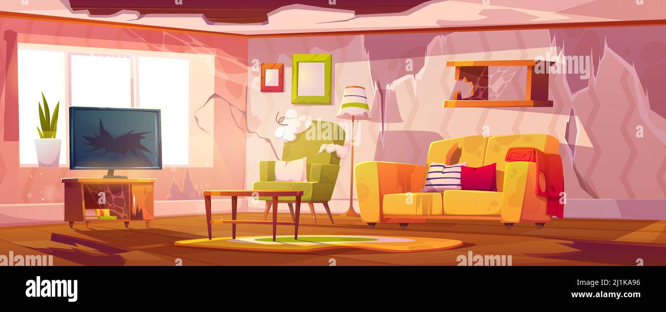 Old dirty living room with broken furniture. Vector cartoon ...