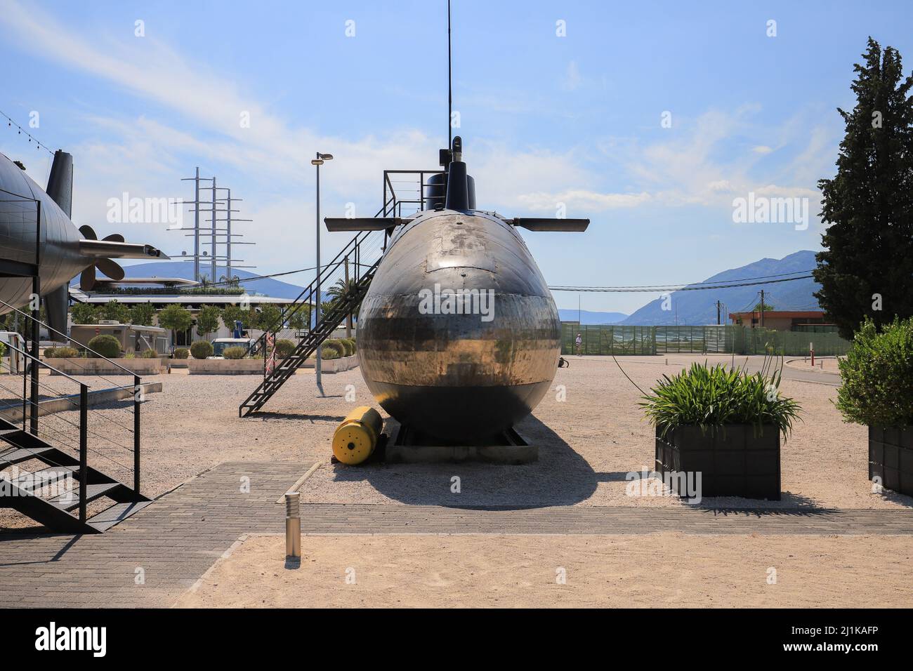 Old military submarine mounted on land in a museum in Tivat Stock Photo ...