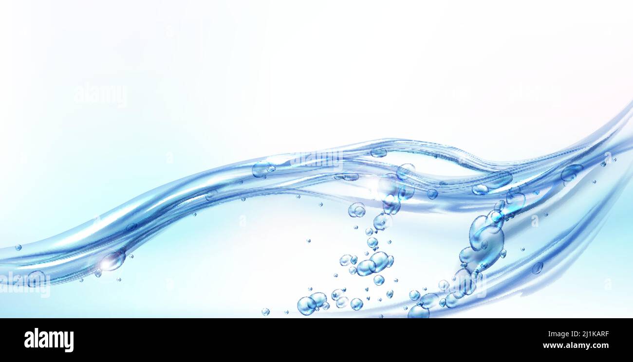 Fresh clean water flowing wave with bubbles and drops. Vector ...