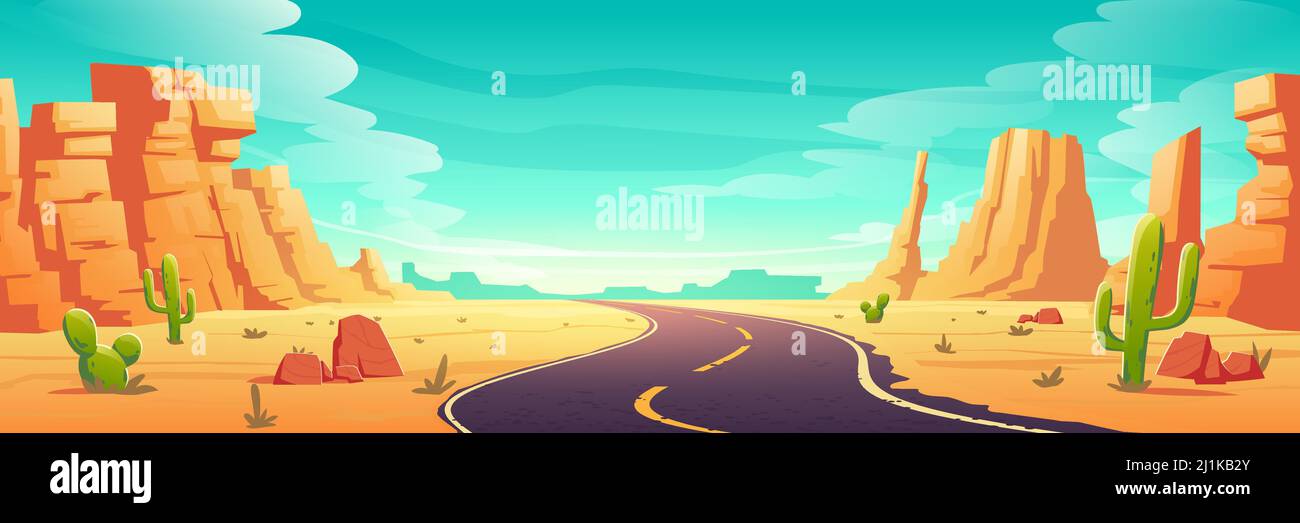 Desert landscape with road, rocks and cactuses. Vector cartoon ...