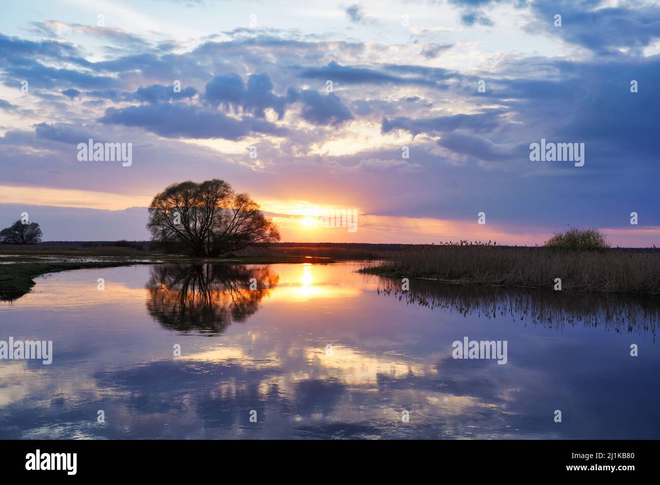April sunset over water, early spring landscape over Biebrza River ...