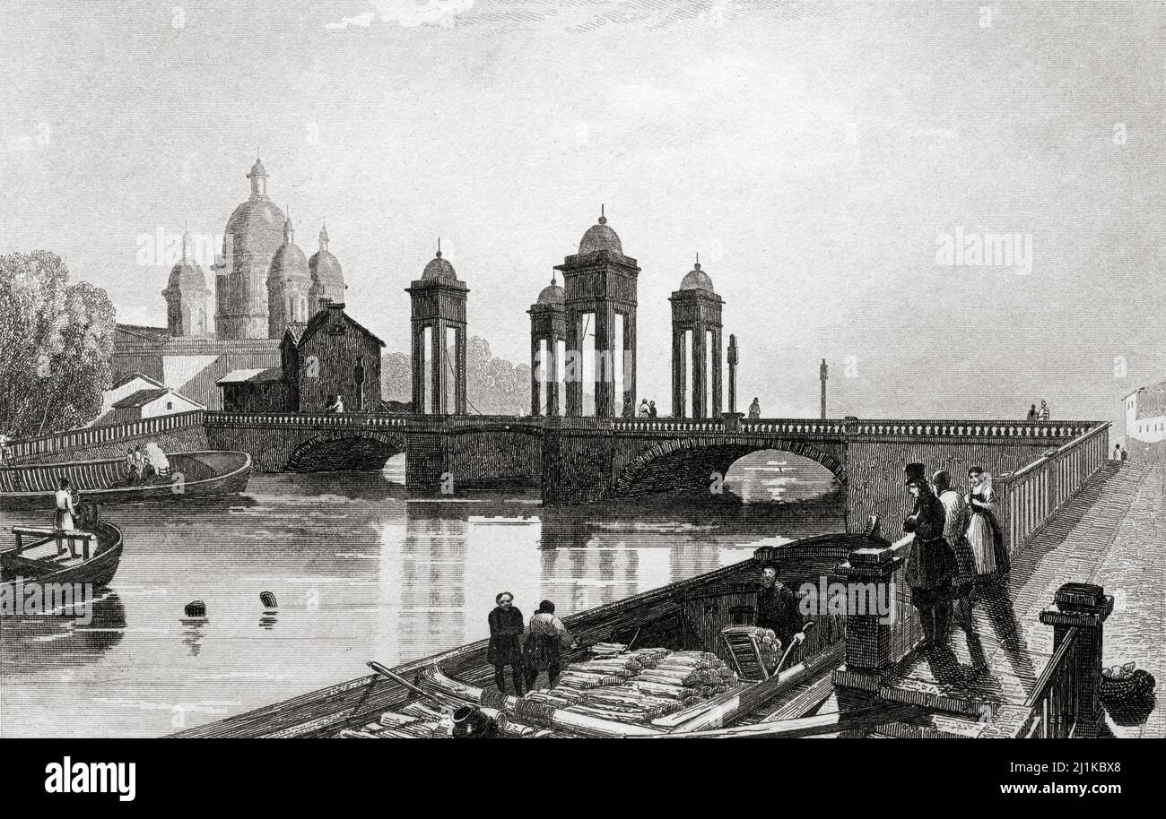Church and bridge of Troitsky, Saint Petersburg, Russia. 19th century ...