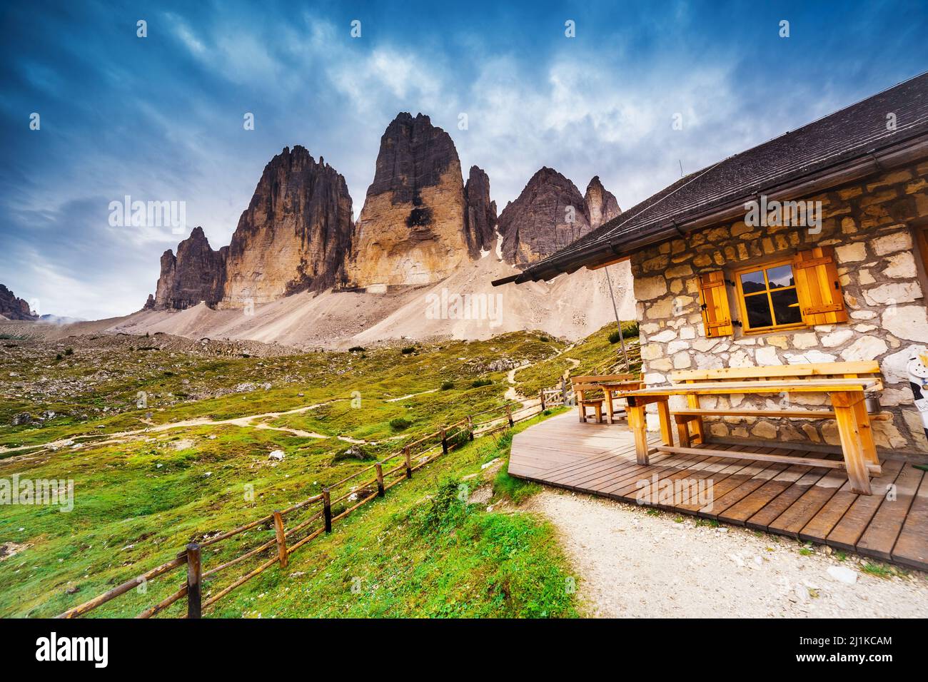 Great view of the National Park Tre Cime di Lavaredo with rifugio ...