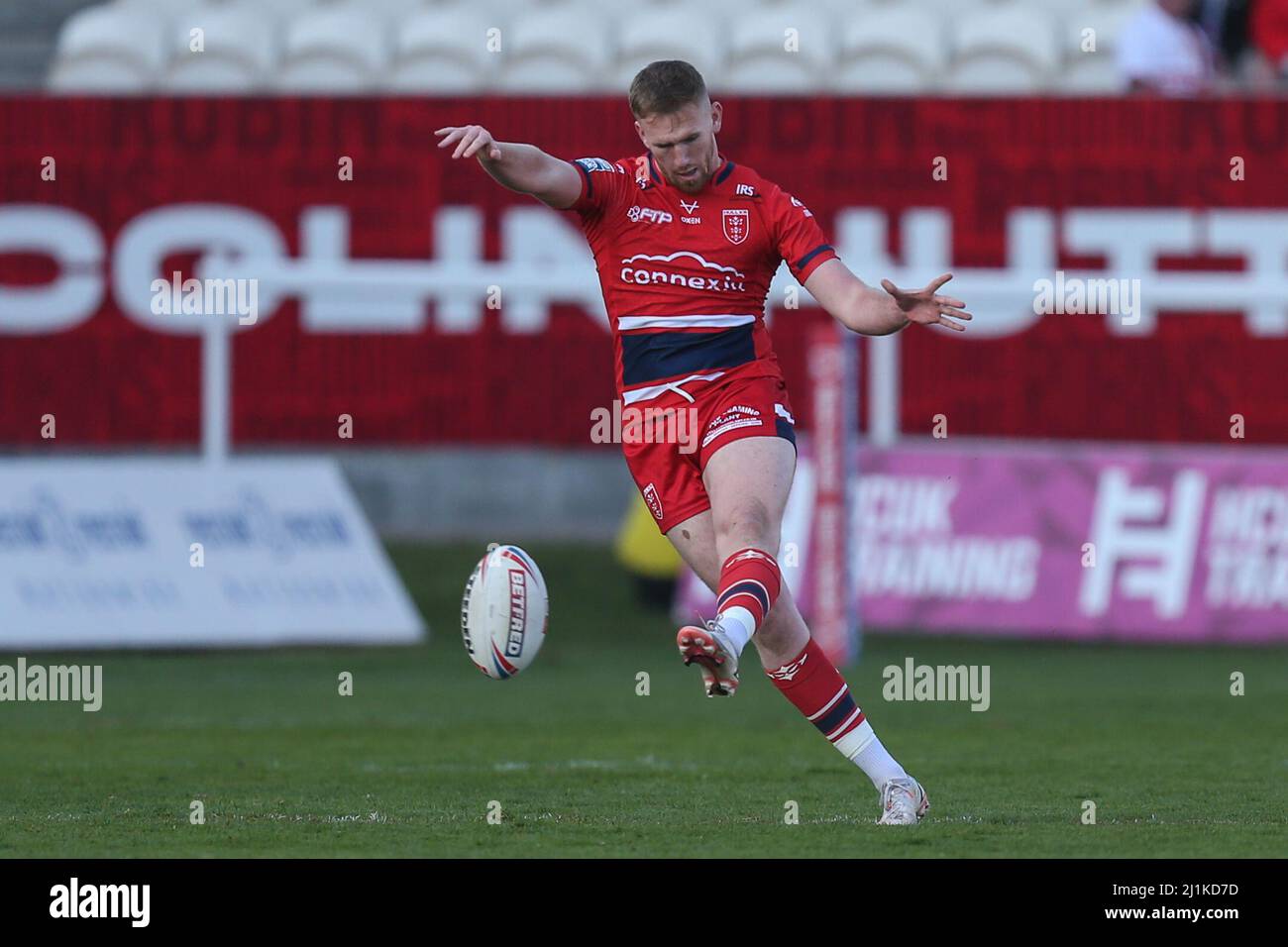 Rowan Milnes #21 of Hull KR kicks to the sideline Stock Photo - Alamy