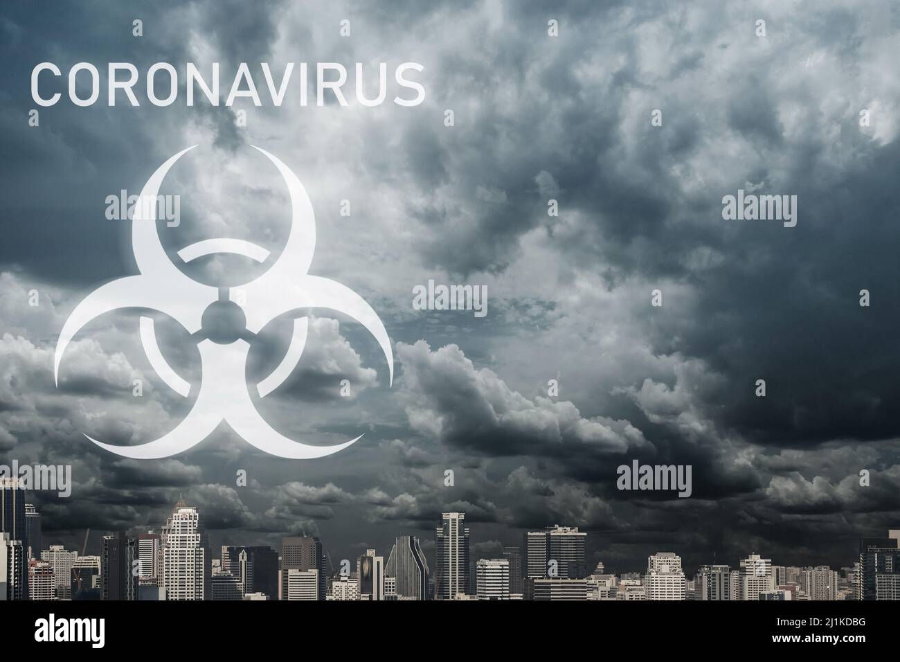 Coronavirus and Biohazard sign against city landscape Stock Photo - Alamy