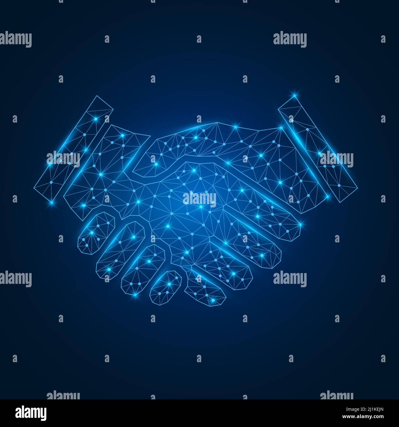Handshake with polygonal blue glowing shapes. Business agreement concept with lighting dots ...