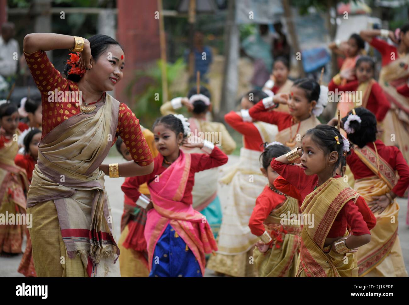 March 26, 2022: Children learning Bihu dance from a mentor in a ...