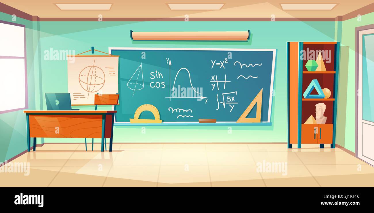 Classroom for math learning with formula on chalkboard. Vector cartoon ...