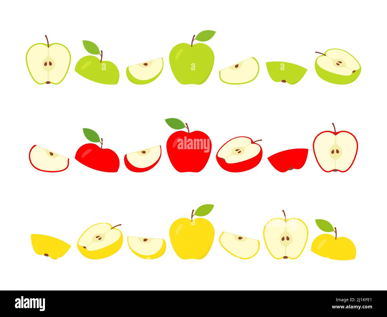 Green, red and yellow apples fresh slices set. Sliced apples big collection. Vector isolated on ...