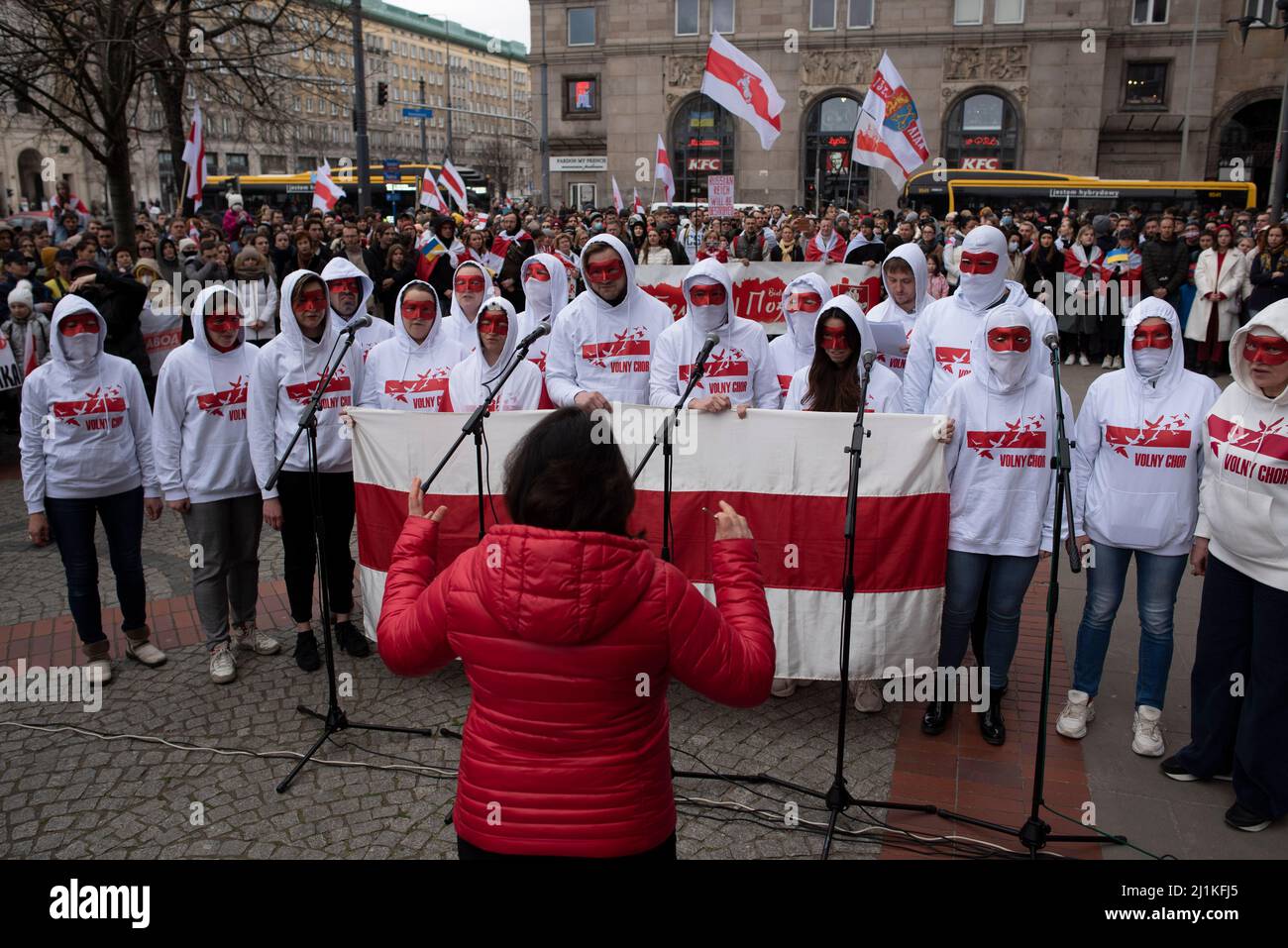March 26, 2022, Warsaw, Warsaw, Poland: Members of the Belarusian Free ...