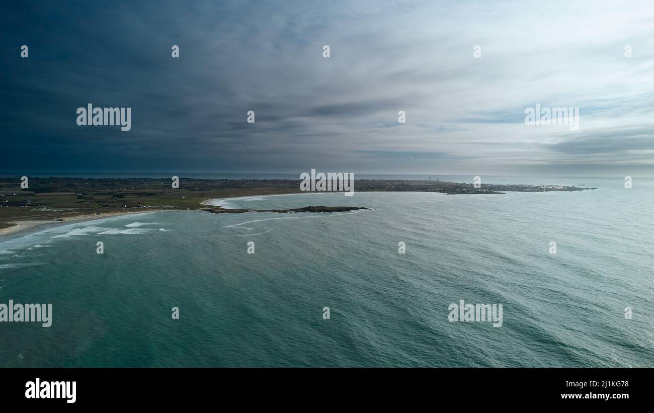 Aerial view of Atlantic Ocean in France near La torche. Dramatic sky ...