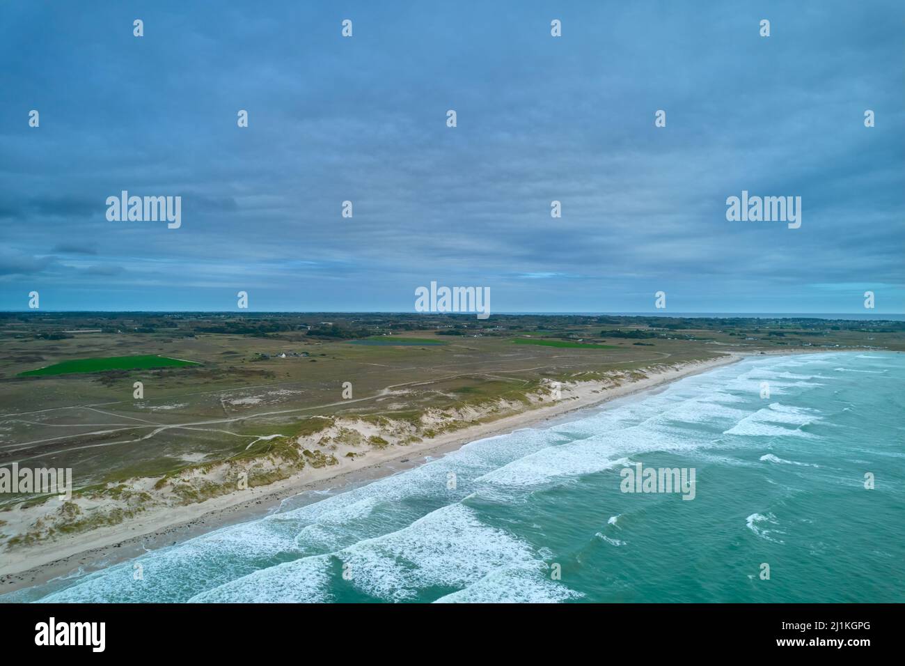 Aerial view of french beach in the brittany. Sea with waves in rural ...