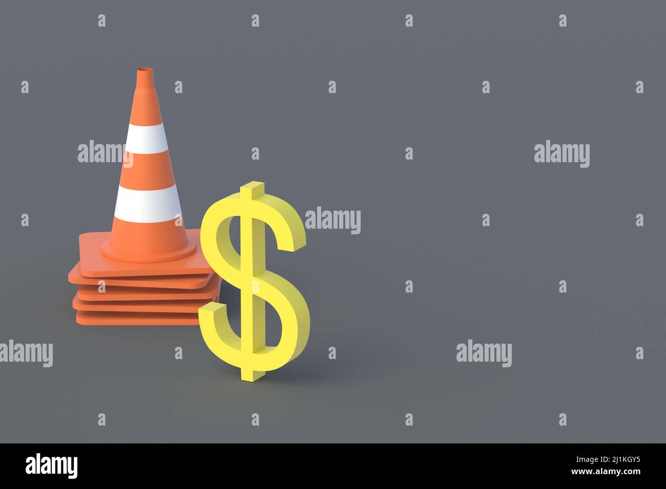 Dollar symbol and road cone. Customs duties. Road repair cost ...