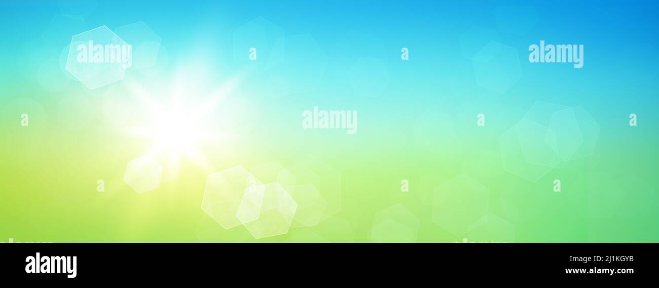Fresh spring abstract background with glowing sun and hexagonal bokeh ...