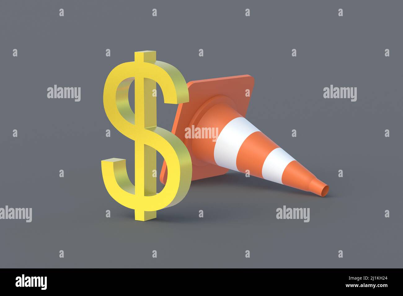 Dollar symbol and road cone. Customs duties. Road repair cost ...