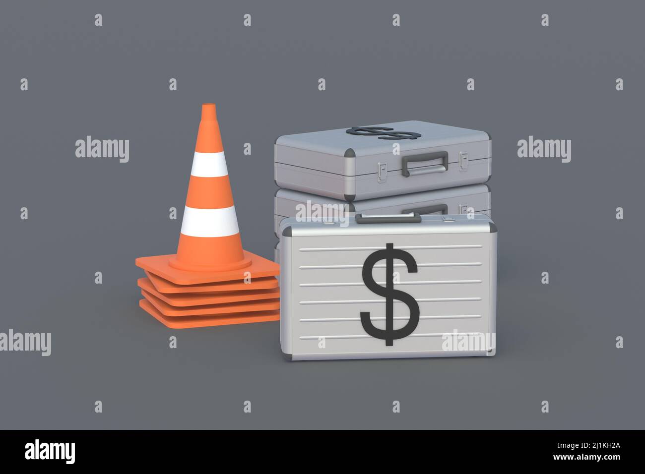 Money suitcase and heap of road cone. Customs duties. Road repair cost ...