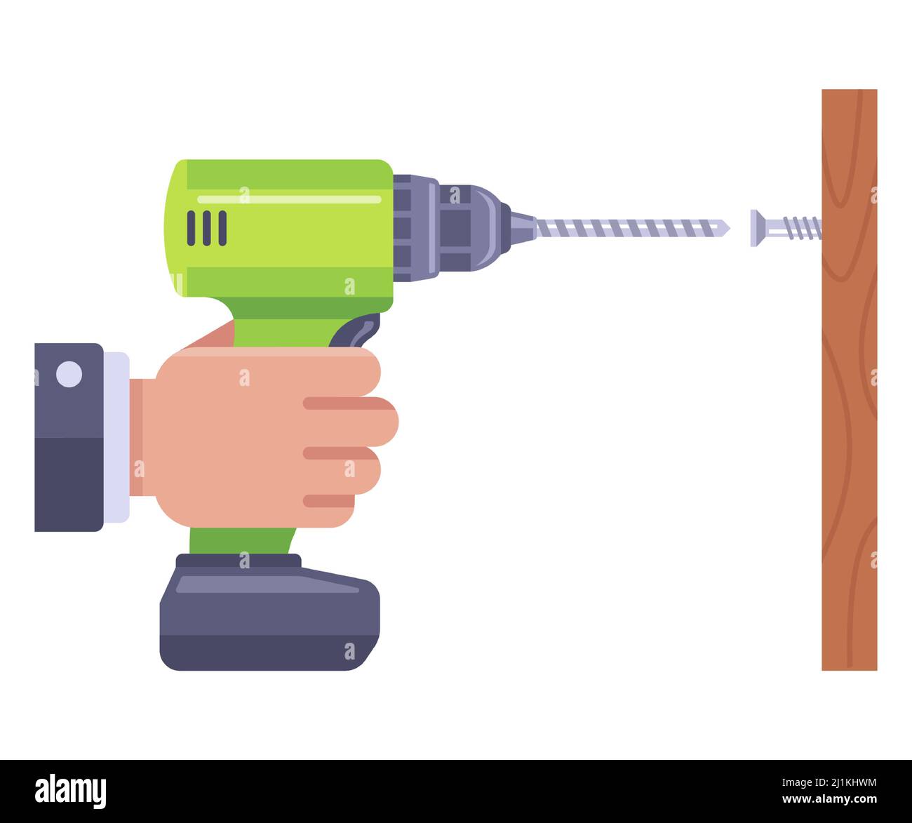 a hand holds a drill and twists a bolt into a tree. construction tool ...