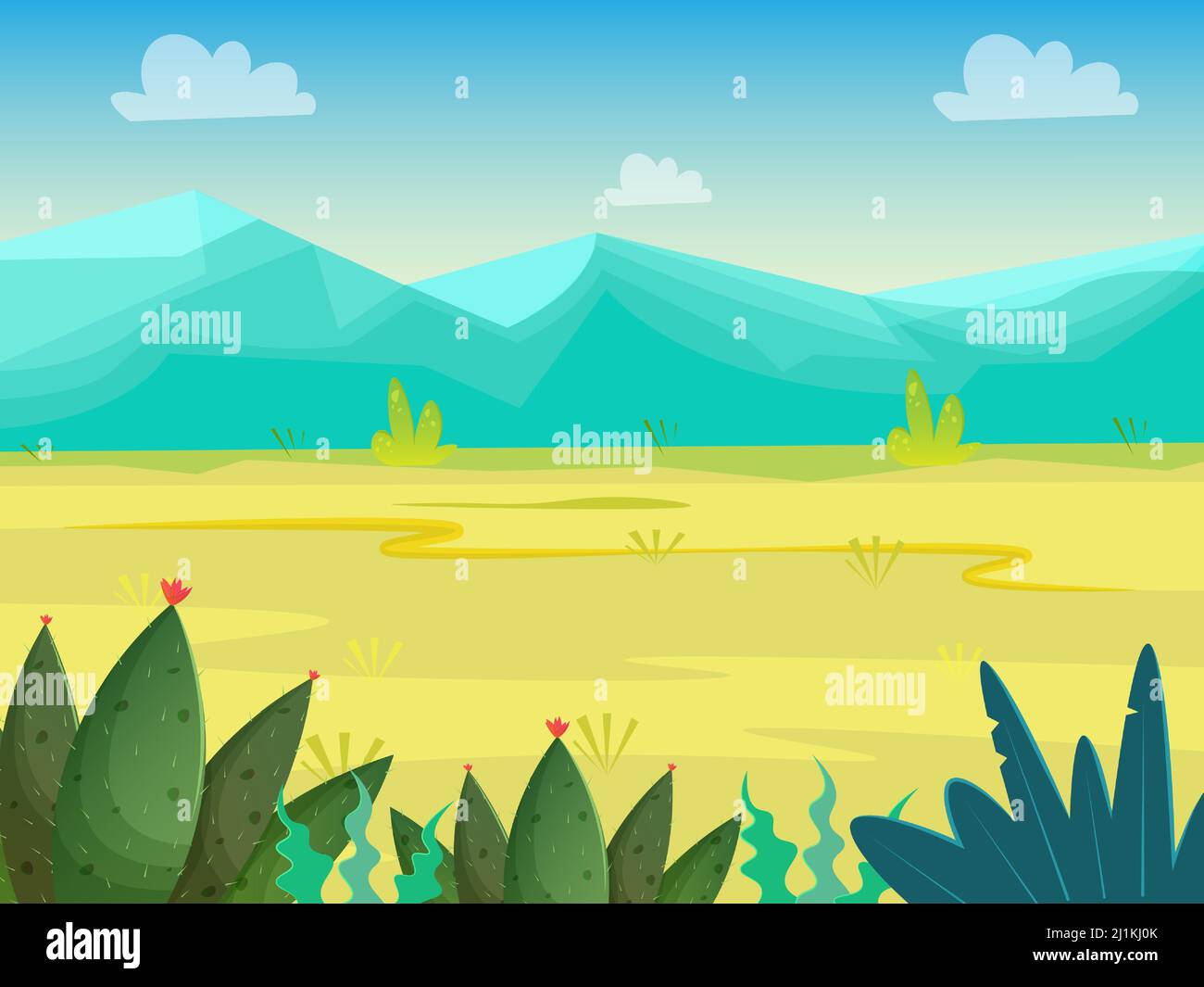 North american prairie landscape with mountains and cacti. Cartoon ...