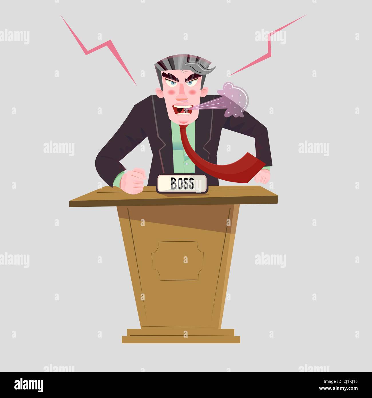 Furious boss screaming and yelling in anger standing behind rostrum ...