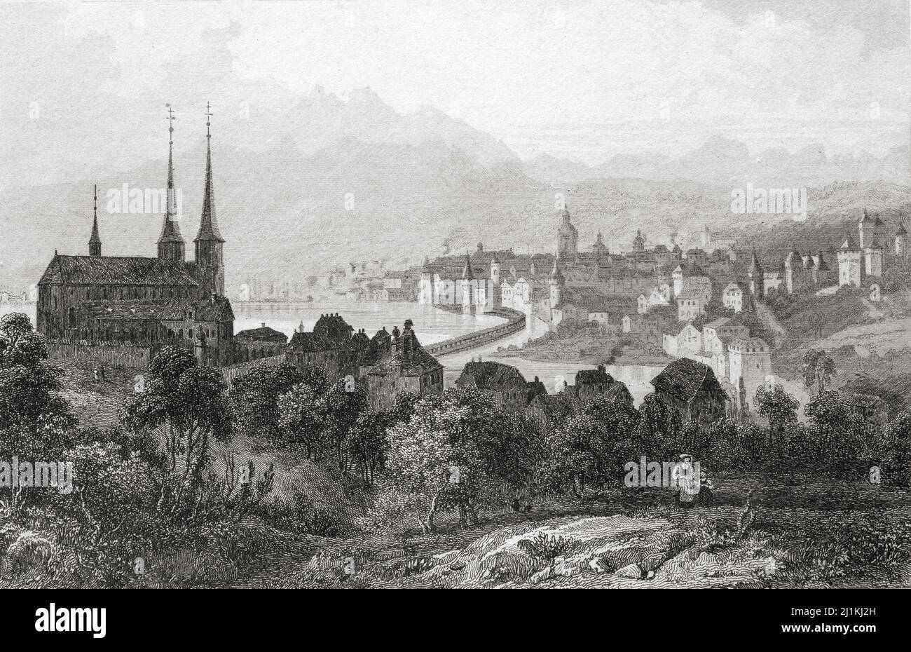 View of Lucerne, Switzerland. 19th century steel engraving by Thienon ...