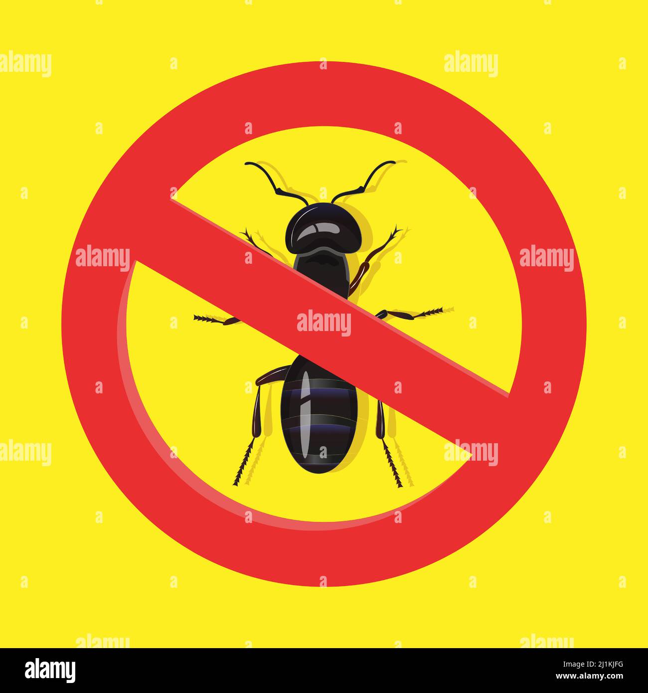 Warning sign no insect with black ant on yellow background. No ants ...