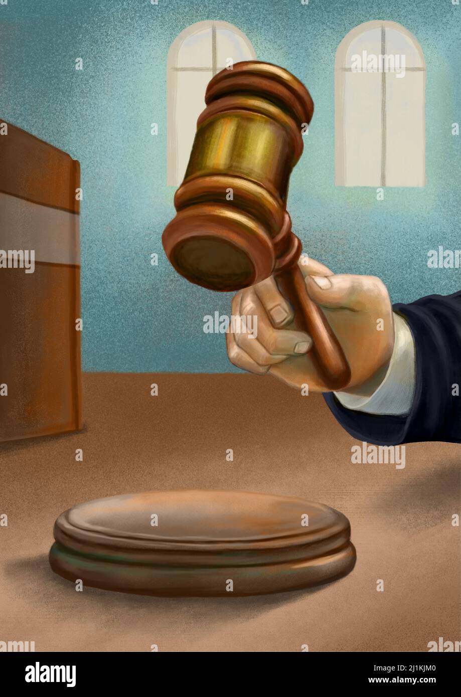 Judge giving his verdict in a courtroom. Close-up on the hand holding a ...
