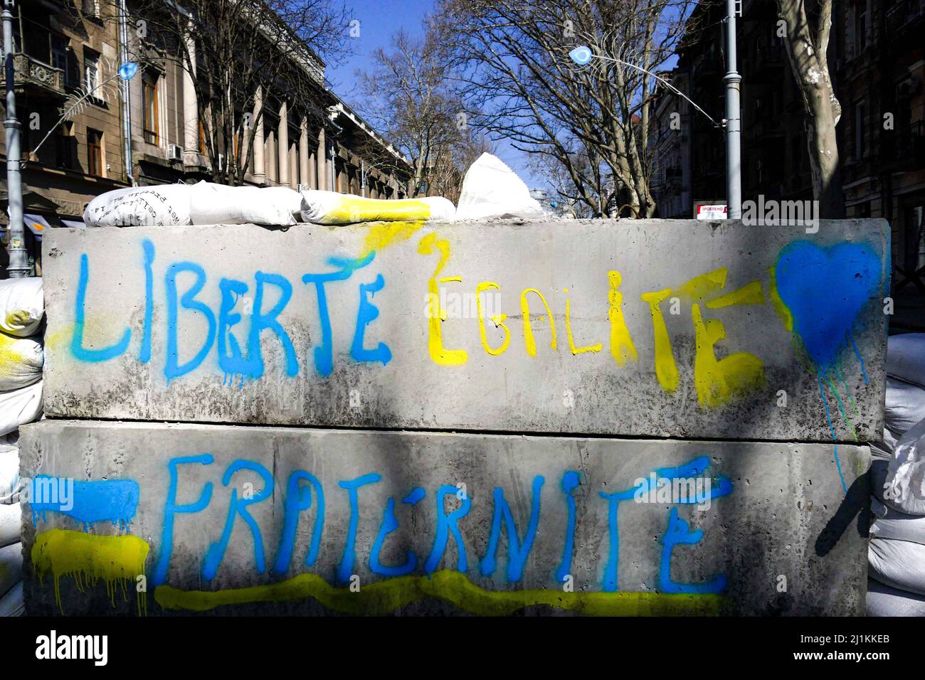 ODESA, UKRAINE - MARCH 24, 2022 - France's national motto is painted in ...