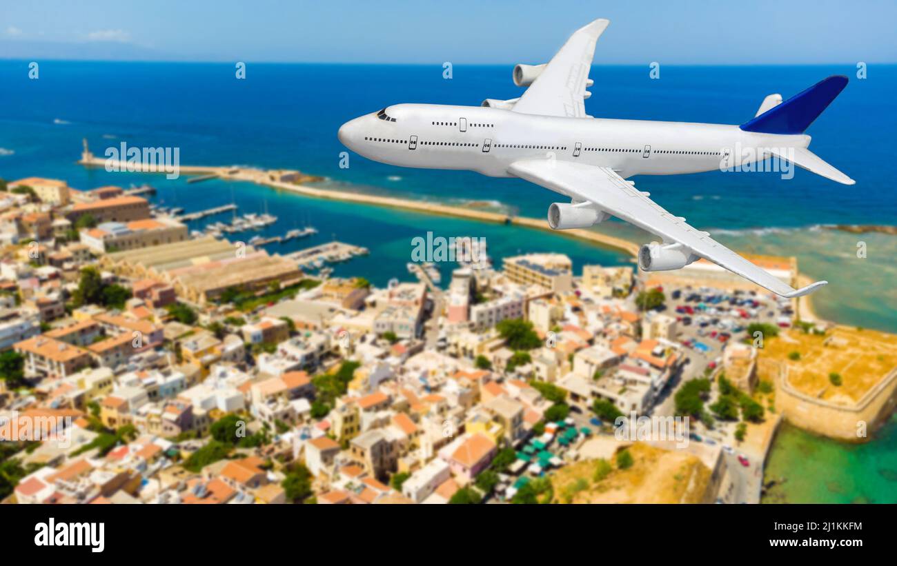 Airplane fly above beautiful nature landscape island, Tourism ...